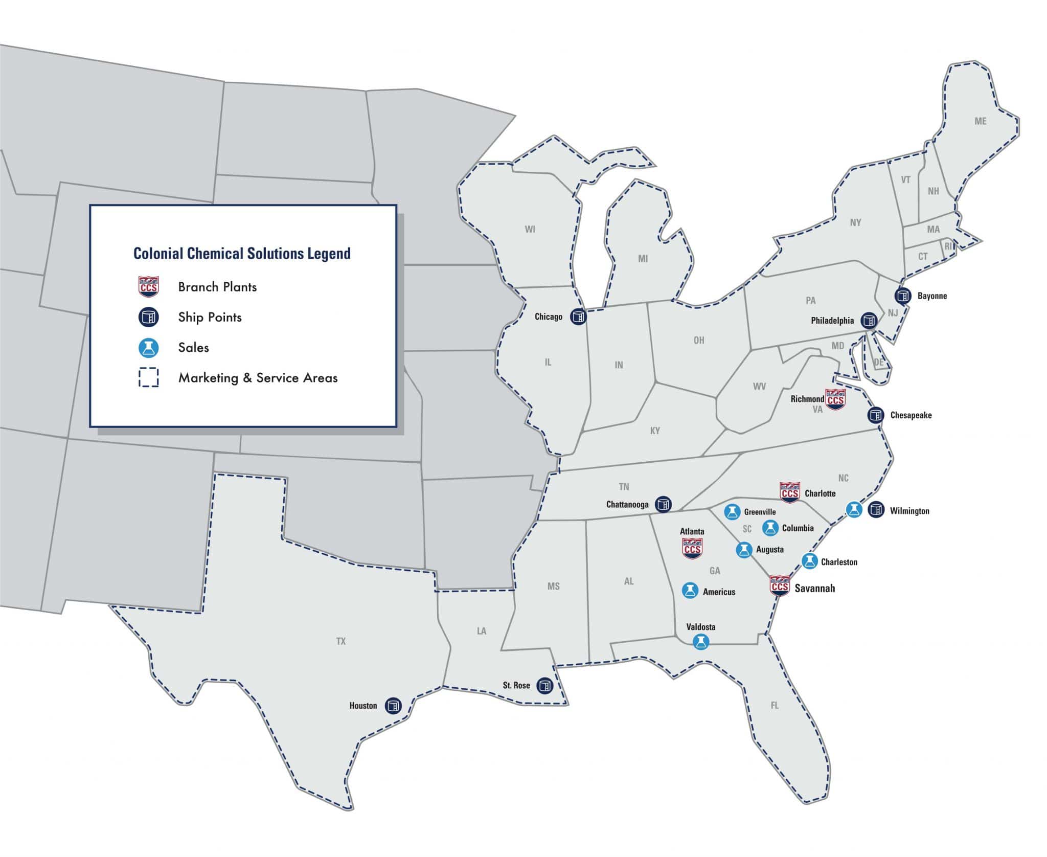 Service Area - Operation Map - Colonial Chemical Solutions